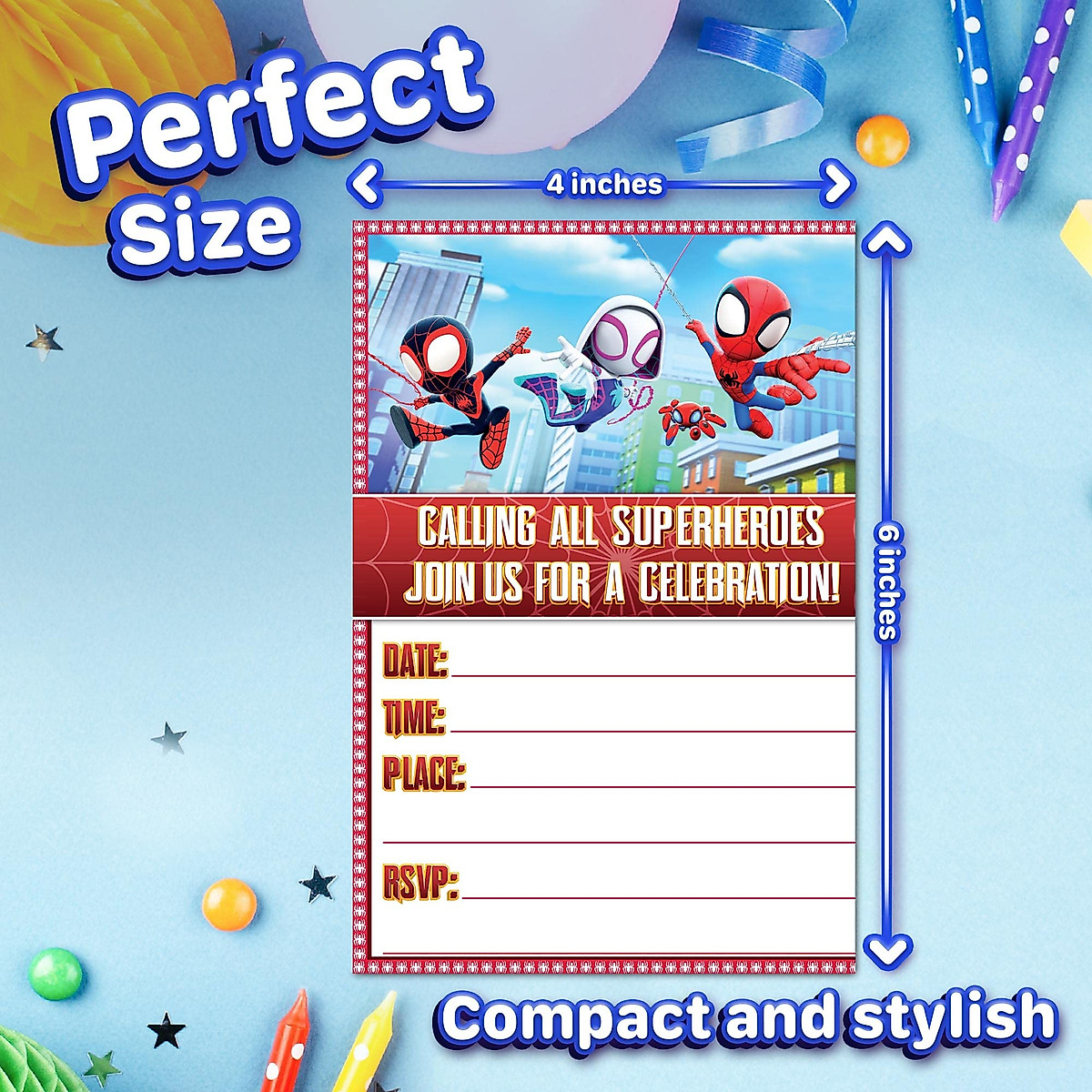 Set of 20 Spidey -Themed Happy Birthday Invitation Cards & Envelopes - Lightweight (240g), Postcard Style Invites for the Perfect Party Pack