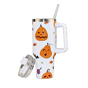 TINVSKQQKJ 40oz Pumpkin Tumbler Double Stainless Steel Insulated Halloween Cup,Stainless Steel Coffee Tumbler with Handle Double Vacuum Leak Proof Travel Coffee Mug Halloween Gifts for Women