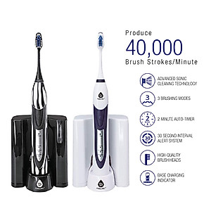 PURSONIC S520 Black Ultra High Powered Sonic Electric Toothbrush with Dock Charger, 12 Brush Heads & More! (Value Pack)