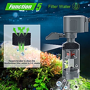 AQQA Aquarium Multifunction Internal Filter,5 in 1 Fish Tank Powerhead,Clean Fish Waste,Circulation Wavemaker,Changer Water,Dissolved Oxygen Water Pump with 3 Suction Cups (8W 210GPH)
