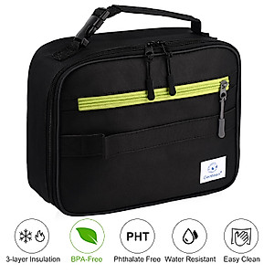 Genteen Insulated Lunch Bag, Lunch Box Kids Double Zipper Kids Lunch Bag,Durable Soft Bag & Freezable Lunch Bag Black Lunch Bag for Boys Mens Reusable Lunch Bag for School,Work,Outdoor