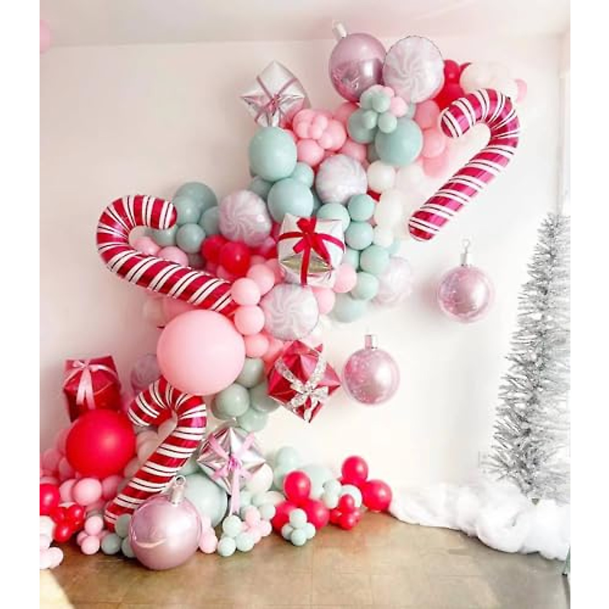 Enanal Pink Christmas Balloon Garland Arch Kit, 146pcs Pastel Pink Green Metallic Red Green Balloons with Candy Cane Gingerbread Foil Balloons for Christmas New Year Party Decoration (Pink)