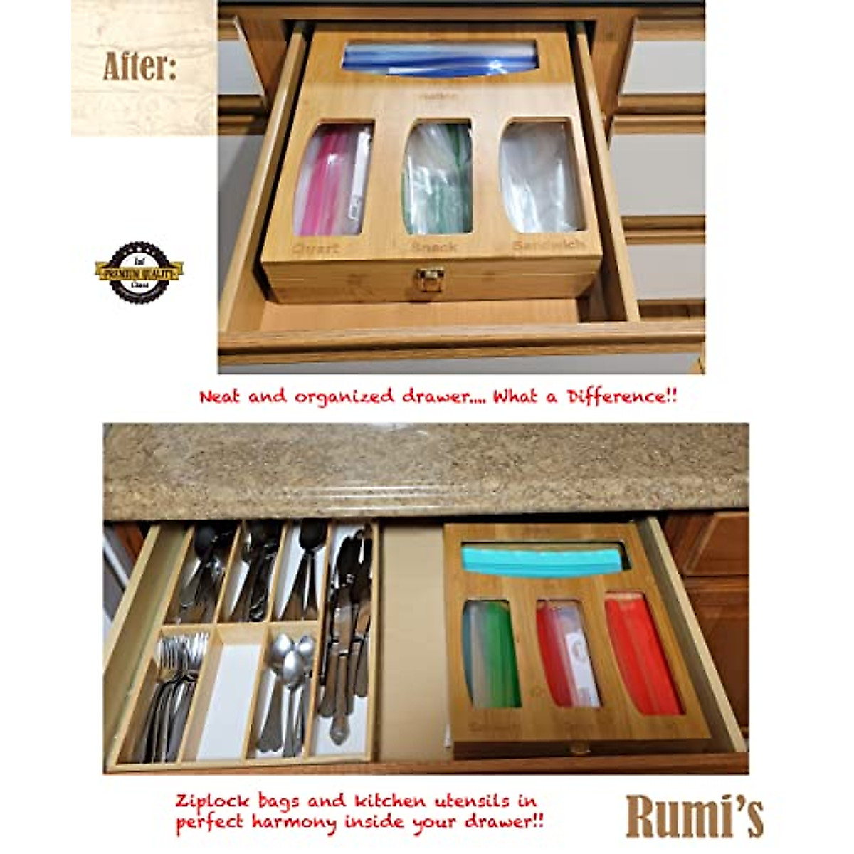 RUMI'S Ziplock Bag Storage Organizer for Drawer Bamboo Gallon, Quart, Sandwich, Great Value, Glad, Hefty Larger & More Practical Size: 13.5'' x 12.0'' x 3.0'' Inches. Golden Yellow 1 1.0 Count