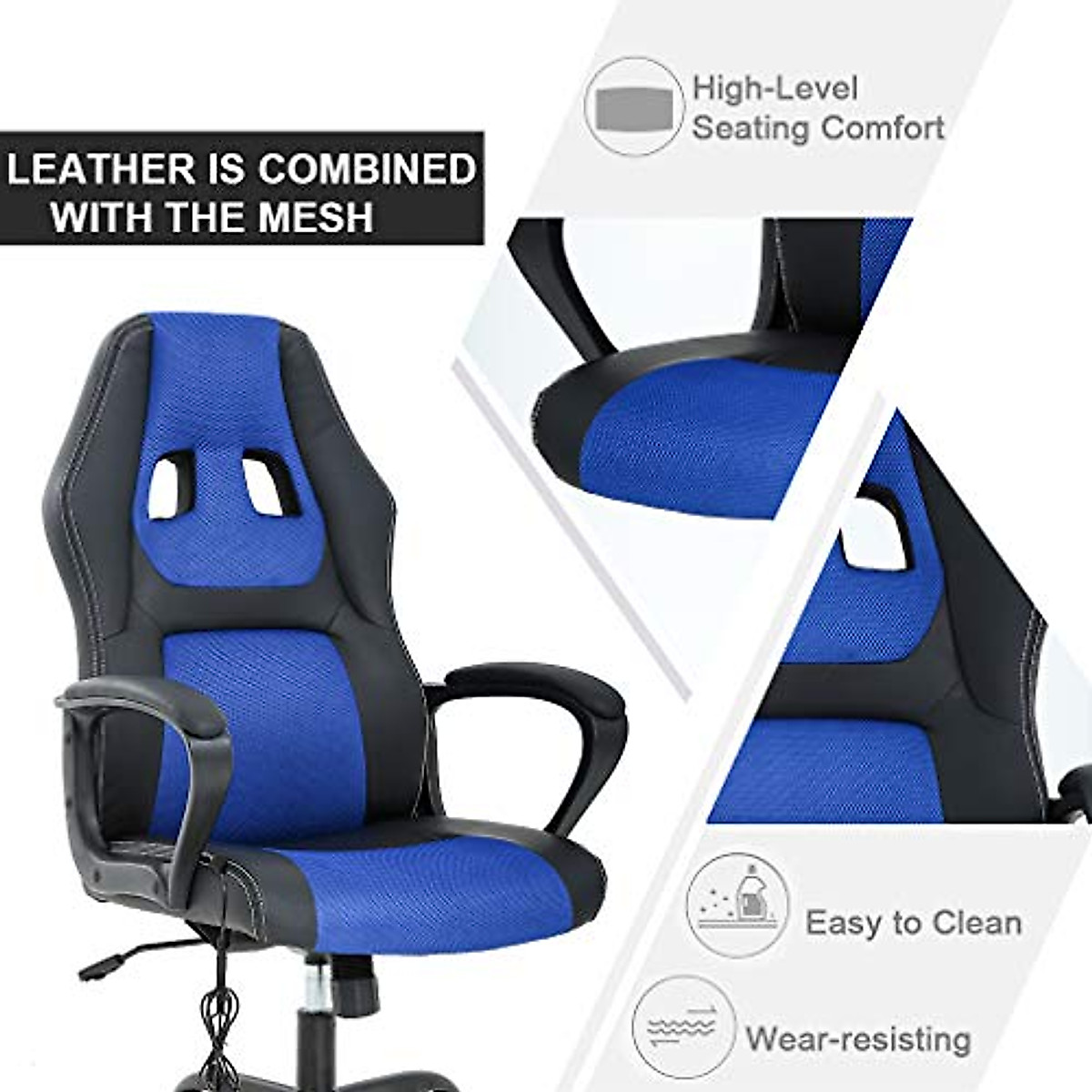 Office Chair Gaming Chair Ergonomic Massage Chair PU Leather Executive Seat with Swivel Base, Massage Lumbar Support, and Padded Armrests (Blue)