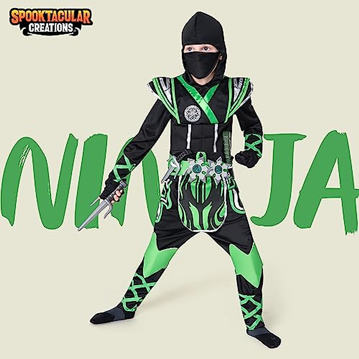 Spooktacular Creations Kids Green Ninja Costume, Child Boy Ninja Warrior Costume for Kids Toddler Ninja Themed Parties, Halloween Costume Dress Up (Small (5-7yr))