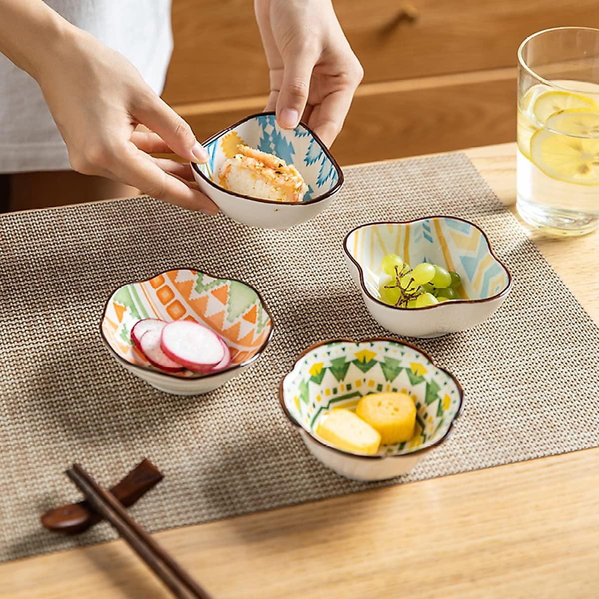 RareCi Dip Bowls 4 Oz - 6-Pack Little Dipping Bowl Set - Mini Ceramic Bowl - Small Condiment, Appetizer, Snack, Soy Sauce Dish - Cute Serving Bowls for Parties(Lotus)