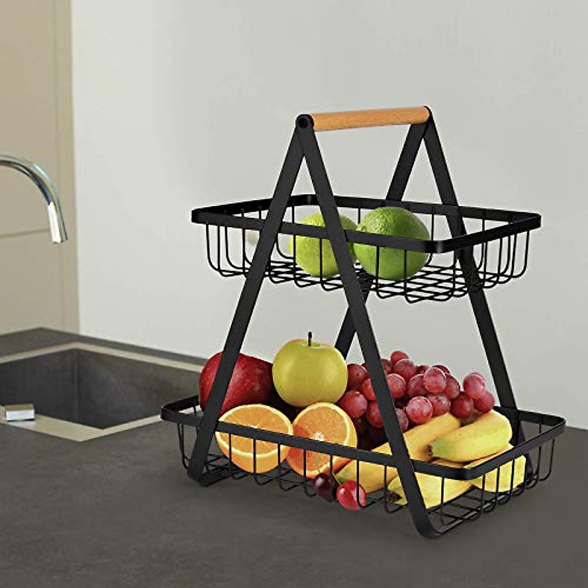DEFLECTAIR 2-Tier Countertop Fruit Basket Fruit Bowl Bread Basket Vegetable Holder for Kitchen Storage, Black