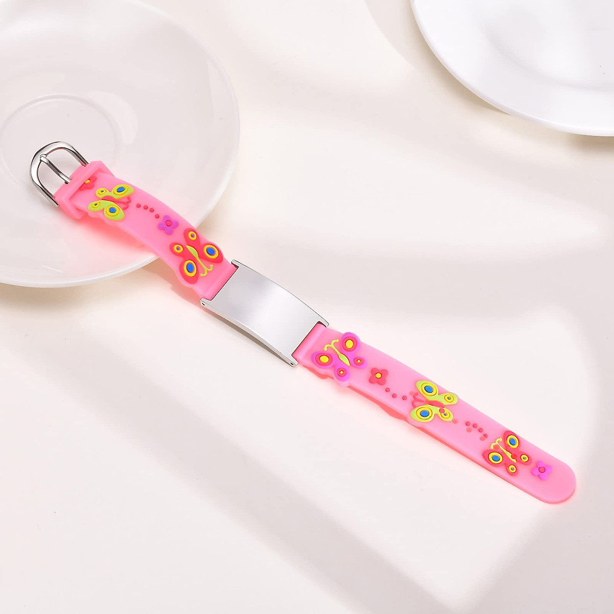 Personalized Safety Bracelet for Kids - Customized Stainless Steel Tag & Cartoon Silicone Strap Wristband for Kid Girls Boys Toddler,Free Engraving Adjustable Child Anti-Lost Safety Bracelets