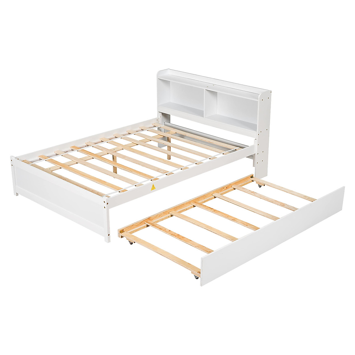 Lifeand Full Wooden Bed with Trundle,Bookcase,White