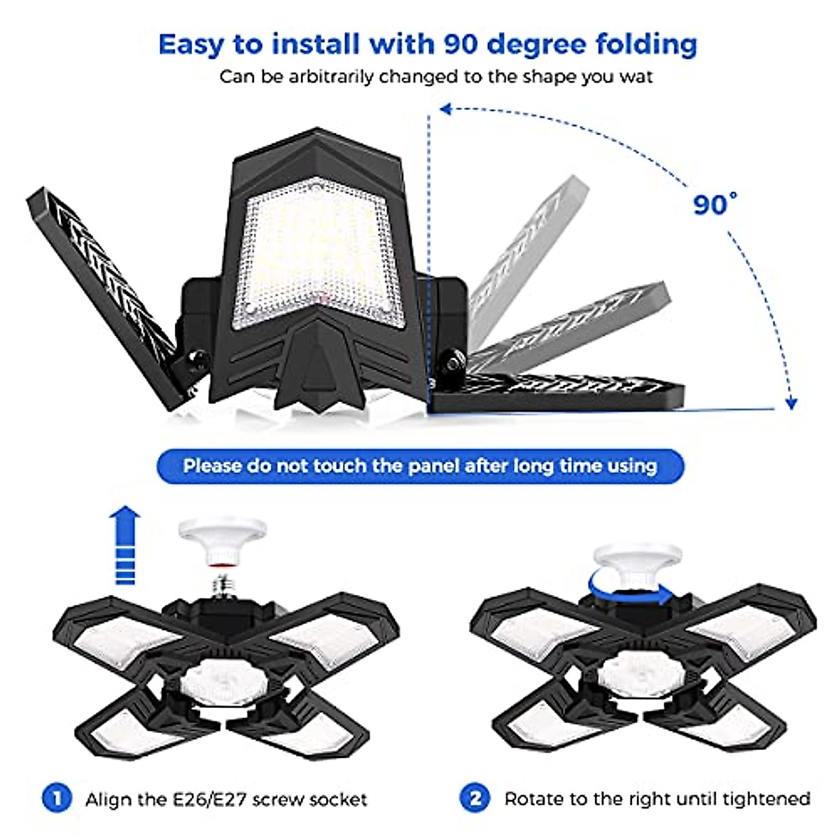 VSATEN 2 Pack LED Garage Lights 80W, Deformable Garage Lights Ceiling LED with 4+1 LED Panels, 8000LM E26/E27 Base LED Shop Light for Garage Workshop Warehouse Barn, Ultra Bright Workshop Light