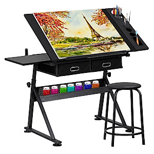 Nova Microdermabrasion Height Adjustable Drafting Table Art Desk Drawing Table Tabletop Adjustable Art/Craft Desk with Stool and 2 Slide Drawers for Reading, Writing, Crafting, Painting Art