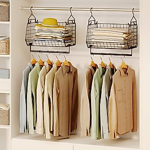 Yociyoga 2 Tier Closet Hanging Organizer with Rod, Foldable Hanging Closet Organizer, Hanging Closet Shelves with 4 Hooks,Wire Hanging Storage Basket Bins for Clothing Sweater Socks Bag Wardrobe Black