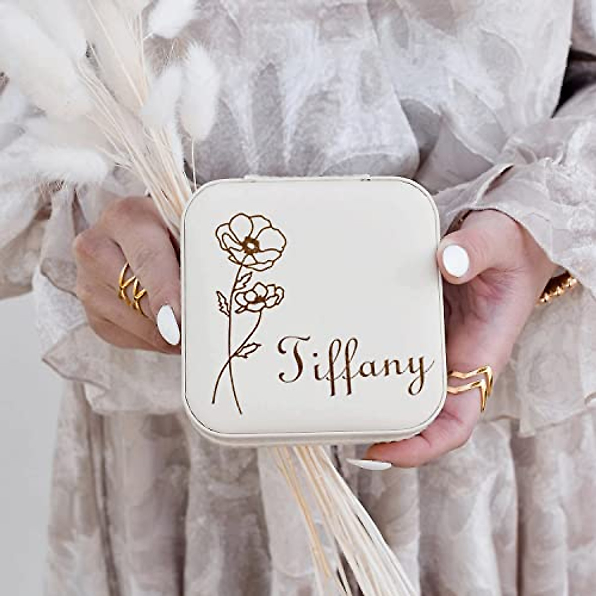 Corissy Personalized Jewelry Box for Women, Custom Travel Jewelry Case with Name and Birth Flower, Leather Jewelry Box for Rings, Earrings, Necklaces, Personalized Gifts for Women