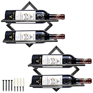 AUHOKY 2Pcs Metal Wall Mounted Wine Holder Stemware Glass Rack, Collapsible Hanging Red Wine Racks Organizer with 2 Liquor Bottles, Wine Bottle Display Hanger for Home Kitchen Bar Decor