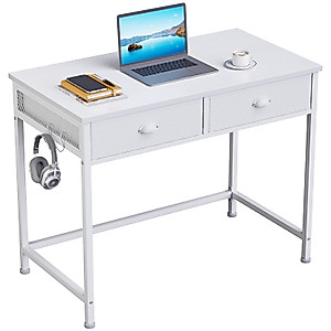 Furologee White Small Computer Desk with 2 Fabric Drawers, 36 Inch Simple Home Office Writing Desk, Vanity Desk with Hooks, Study Desk for Bedroom Small Spaces