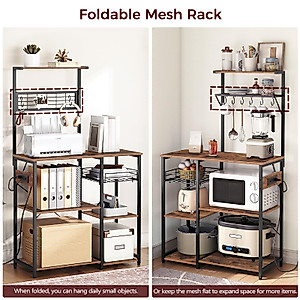 MAHANCRIS Bakers Rack with Power Outlet, Microwave Stand, Industrial Coffee Bar with Wire Basket, Kitchen Storage Rack with 6 S-Shaped Hooks, for Spices, Pots and Pans, Rustic Brown BRHR90E01Z