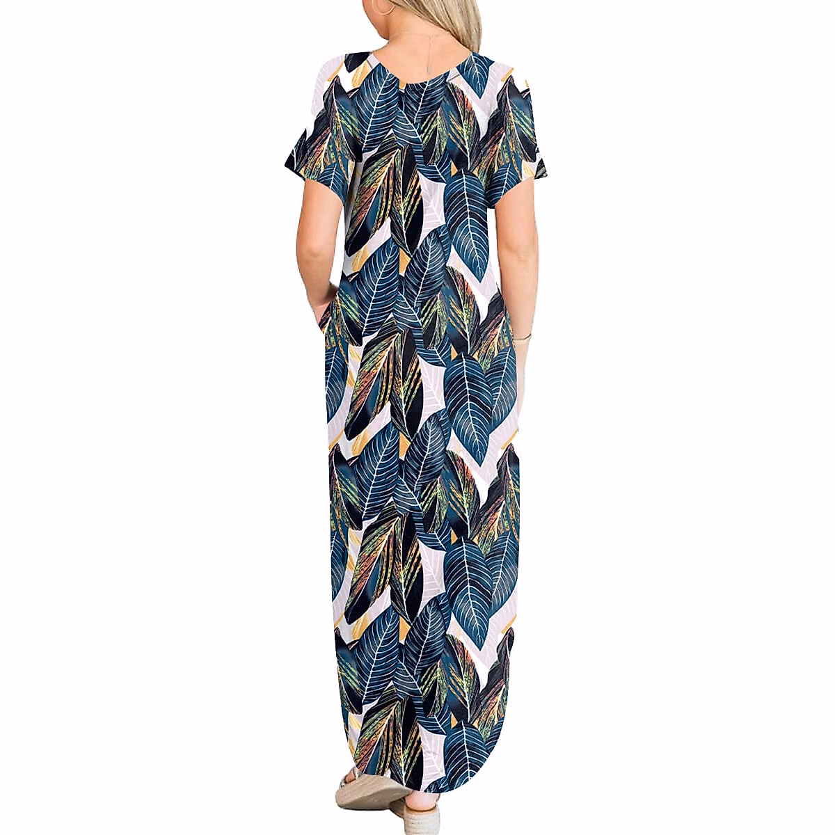 ANRABESS Women's Summer Casual Loose Short Sleeve Long T Shirt Dress Split Maxi Beach Sundress Travel Vacation Outfits Leaf Print X-Large