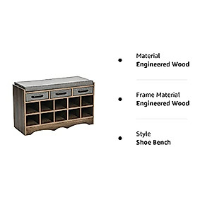 Household Essentials Shoe 10 Cubbies, Cushioned Seat and Storage Drawers, Ashwood Finish Entryway Bench, 19.75x32x12.75 Inches