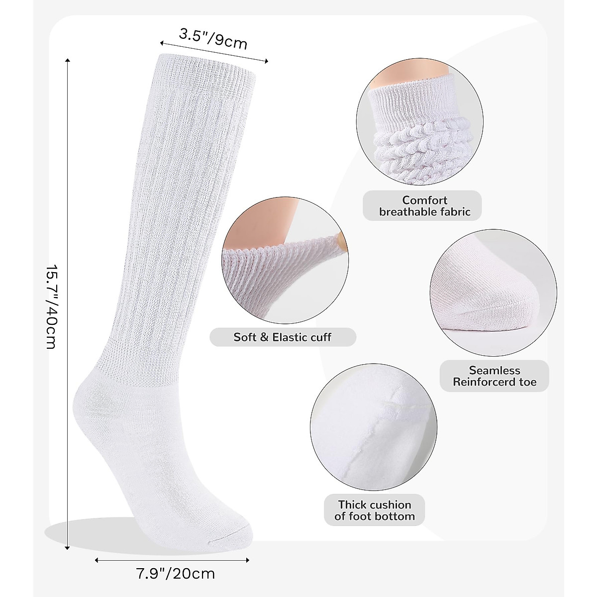 BOOPH Slouch Socks Women Knee High Scrunch Socks for Women Pack of 3 Size 6-11 White