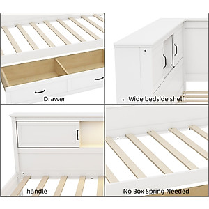 Merax Twin Size Corner Bed Frames with Storage Drawers and USB Port & Led Downlight Headboard, Wooden L-Shaped Captain Daybed for Small Room, Bedroom, Guest Room, Kids' Room, White
