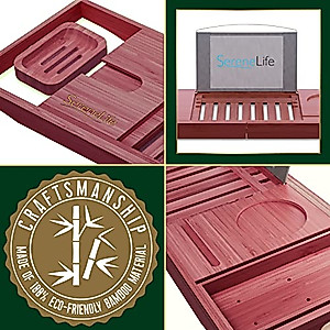SereneLife Bamboo Bathtub Caddy with Luxury Gift Box and Red Gifting Ribbon Extendable & Adjustable Tray with Device/Book Holder with Removable Trays for Bath Accessories (Stain Brown)