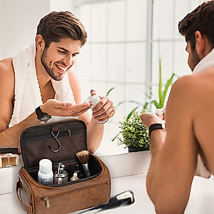 Personalized Leather Toiletry Bag For Men with Hook, Groomsmen Gifts Travel Bag Laser Engraved Name Monogram Leather Gift Anniversary Gift For Him Husband Father Leather Dopp Kit with Side Handle