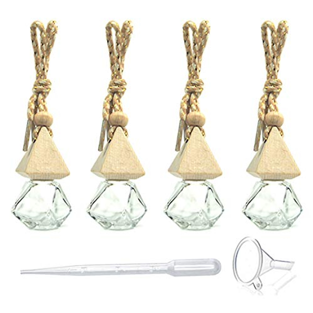 4 Pack,6ml(1/5 Fl Oz) Refillable Car Essential Oil Diffuser,Empty Car Air Freshener Pendant Perfume Aromatherapy Vials-Clear Glass Bottle With Wooden Caps & Hanging String-FREE 1 Funnel&Dropper