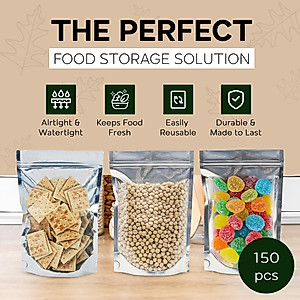 WaldOaks 150 Resealable Food Storage Bags, 6x9-inch Heat Sealable Air Tight Bags, Stand Up Zip Bags, Waterproof Packaging Barrier, 24 fl oz