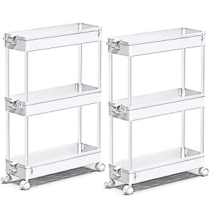 SPACEKEEPER Slim Storage Cart, 3 Tier Bathroom Storage Organizer Rolling Utility Cart Mobile Shelving Unit Slide Out Storage Tower Rack for Kitchen Laundry Narrow Places, White, 2 Pack
