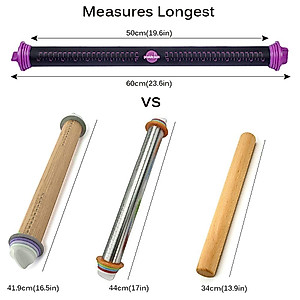 PROKITCHEN Silicone Rolling Pin with Thickness Rings, 23.6 inch Large Rolling Pin for Baking Fondant, Dough, Pasta, Cookie, Pizza, Dumpling (Purple Long Rolling Pin)