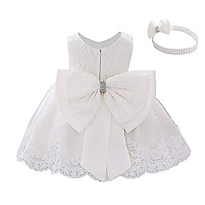 Toddler Baby Flower Girl Princess Lace Dress First Baptism Communion Bowknot Formal Embroidery Tutu Gown Elegant Wedding Bridesmaid Birthday Party Dresses Up with Headwear White 6-9 Months