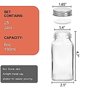 Keketin 6 oz Glass Spice Jars Bottles,25 Pack Empty Spice Jars with Shaker Lids and Labels,180ml Square Spice Containers with Airtight Silver Caps(Chalk Marker,Funnel and Brush include)