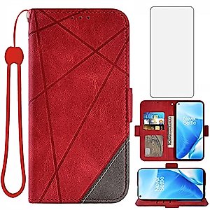 Compatible with OnePlus Nord N200 5G Wallet Case and Tempered Glass Screen Protector Flip Card Holder Stand Cell Phone Cover for One Plus N 200 G5 1 Plus 200N 1plus One+ 1+ N2005G 2021 Women Men Red