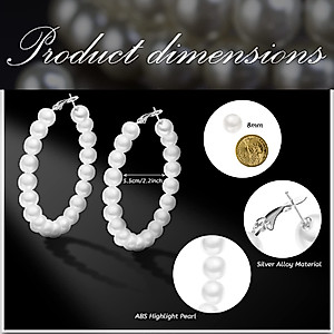 1950s Pearl Hoop Earrings White Pearl Earrings Drop Dangle Earrings for Women Bridal Presents (Silver Earpins,2.16 Inch)