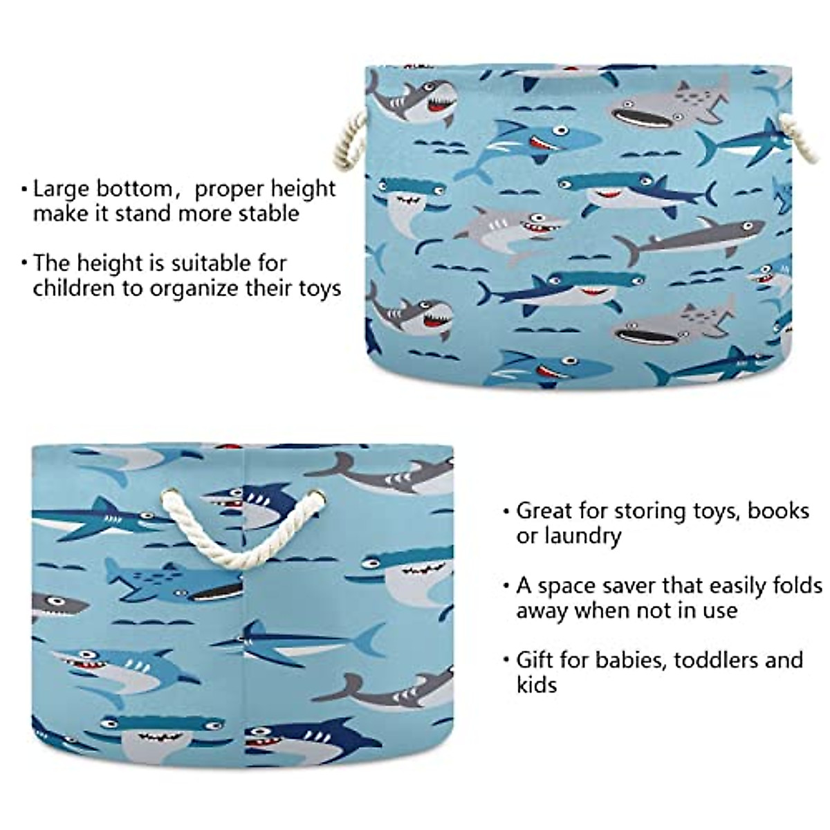 Kigai Cute Sharks Cotton Rope Basket Large Collapsible Baby Laundry Basket Blanket Basket Kid's Toy Storage Basket Organizer for Nursery Bedroom Home Decor