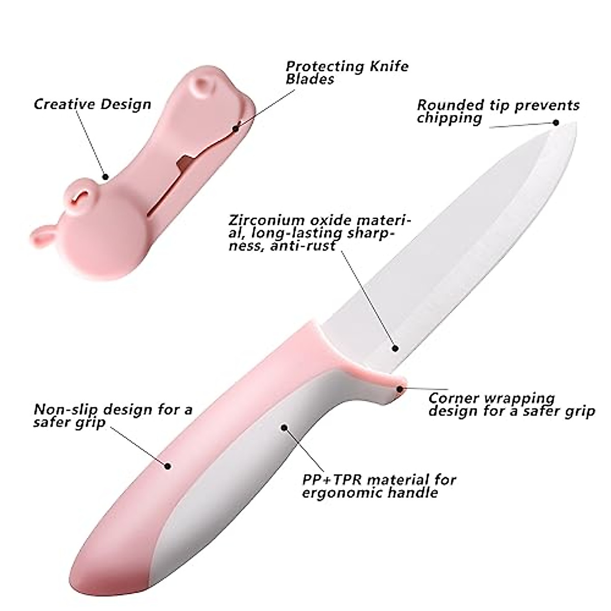 YUSOTAN Ceramic Paring Knife - 4-Inch with Sharp Ceramic Blade and Unique Hippopotamus Cover - Handle Fruit and Vegetables Kitchen Knife (Pink)