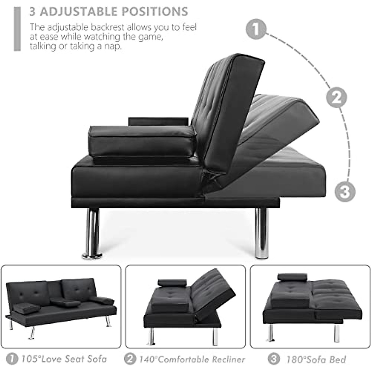 Majnesvon Modern Leather Futon Sofa Bed,Convertible Folding Couch Recliner,Sleeper Loveseat for Small Space,Apartment Office Dorms,with Cup Holders and Removable Armrest (Black)