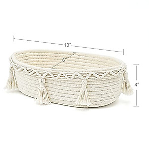 Mkono Small Macrame Storage Basket for Toilet Tank Top Boho Bathroom Decor Woven Cotton Rope Back of Toilet Organizer Tray for Counter Shelf Table Bedroom Living Room Nursery, Ivory, 1 Pack