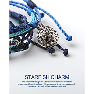 Mezcla Vida Bohemian Starfish Charm Silver Zinc Beaded Waterproof Rope Surfing Bracelets Sets For Women Teen Girls, Beach Handmade String Jewelry (BLUE, Zinc Alloy)
