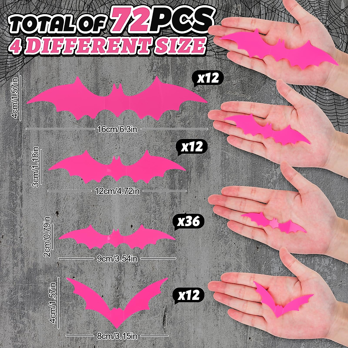 Whaline 72 Pack 3D Bats Stickers Plastic Wall Bat Decals for Home Window Decor Halloween Party Supplies (Black)