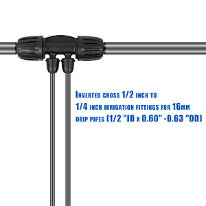 FOGWOWO 1/2 Inch to 1/4 Inch Tubing Irrigation Fittings for (1/2'' ID x 0.60''-0.63'' OD) 16mm Drip Tubing,Locked Barbed Tee Connectors (10 Pcs Barbed Tee 4-Way)