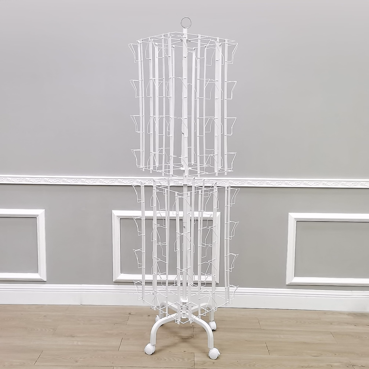 64 Adjustable Pockets Display Rack 5x7 7x5 up to 9.3" Wide X 8" Tall Cards, 1.27" deep Pockets, Double Tier Greeting Post Card Christmas Holiday Spinning Rack Stand White 10139-WHITE