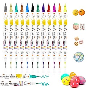 Food Coloring Marker Pens,12Pcs Dual Sided Food Grade and Edible Markers with Fine&Thick Tip,Edible Pen Gourmet Writers for Decorating Cake,Cookies,Fondant,Frosting,Easter Eggs,Painting,Drawing,Baking