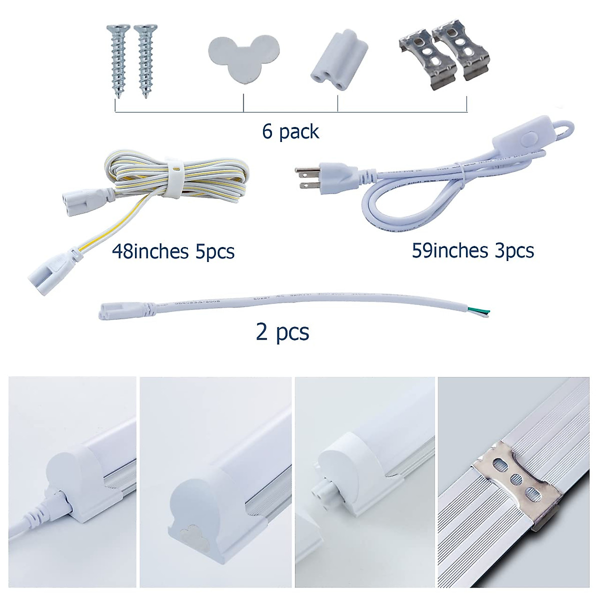 Greess 6 Pack LED T8 Shop Light, 4FT 24W 6000K Daylight White Linkable LED Integrated Tube Lights with Milky Cover, LED Bar Lights for Garage,Workshop,Workbench with On/Off Plug Cord