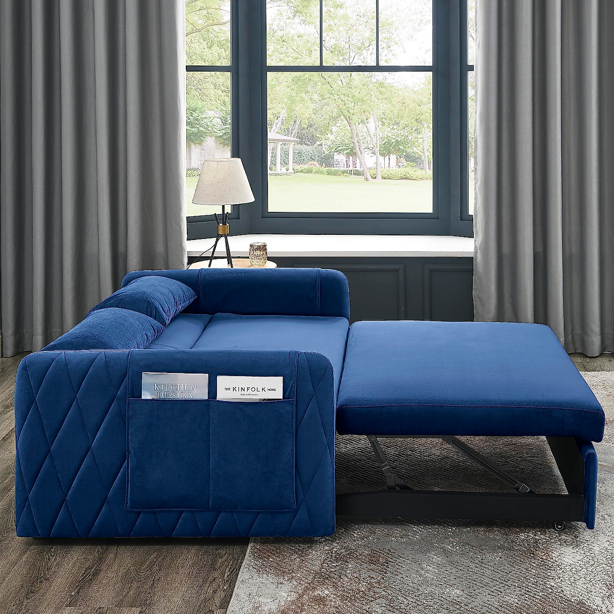 Miscoos 55" Velvet Convertible Sofa Modern Loveseat with Pull-Out Bed, Adjustable Backrest, Detachable Arm Pockets, Grid Design Armrests, and 2 Pillows-Ideal for Living Room, Blue