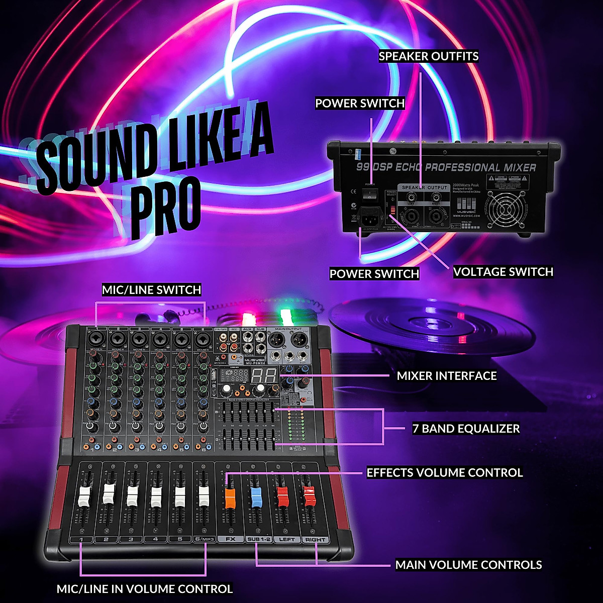 MUSYSIC Portable PA System with Wireless Microphone and Speakers – 6 Ch Audio Mixer with Built-in 2000W Amp & Wireless UHF Microphone System, Multiple Inputs, Complete w/Stands - 10" Speaker 800W