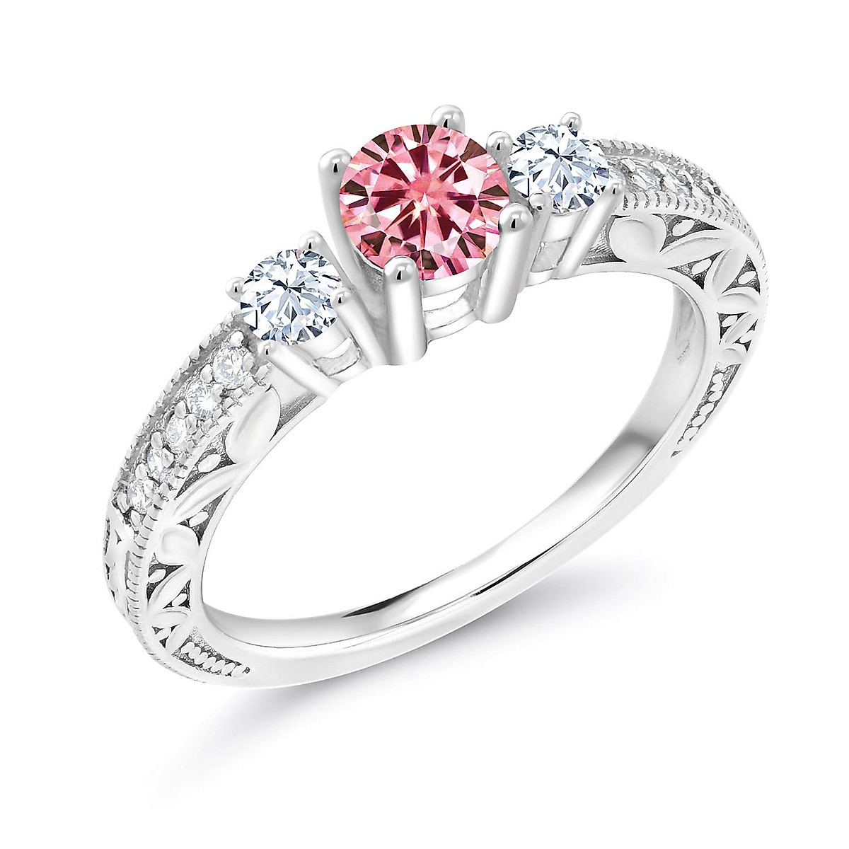 Gem Stone King 925 Sterling Silver Round Pink Moissanite and White Created Sapphire 3 Stone Women Ring (0.89 Cttw, Available In Size 5, 6, 7, 8, 9)