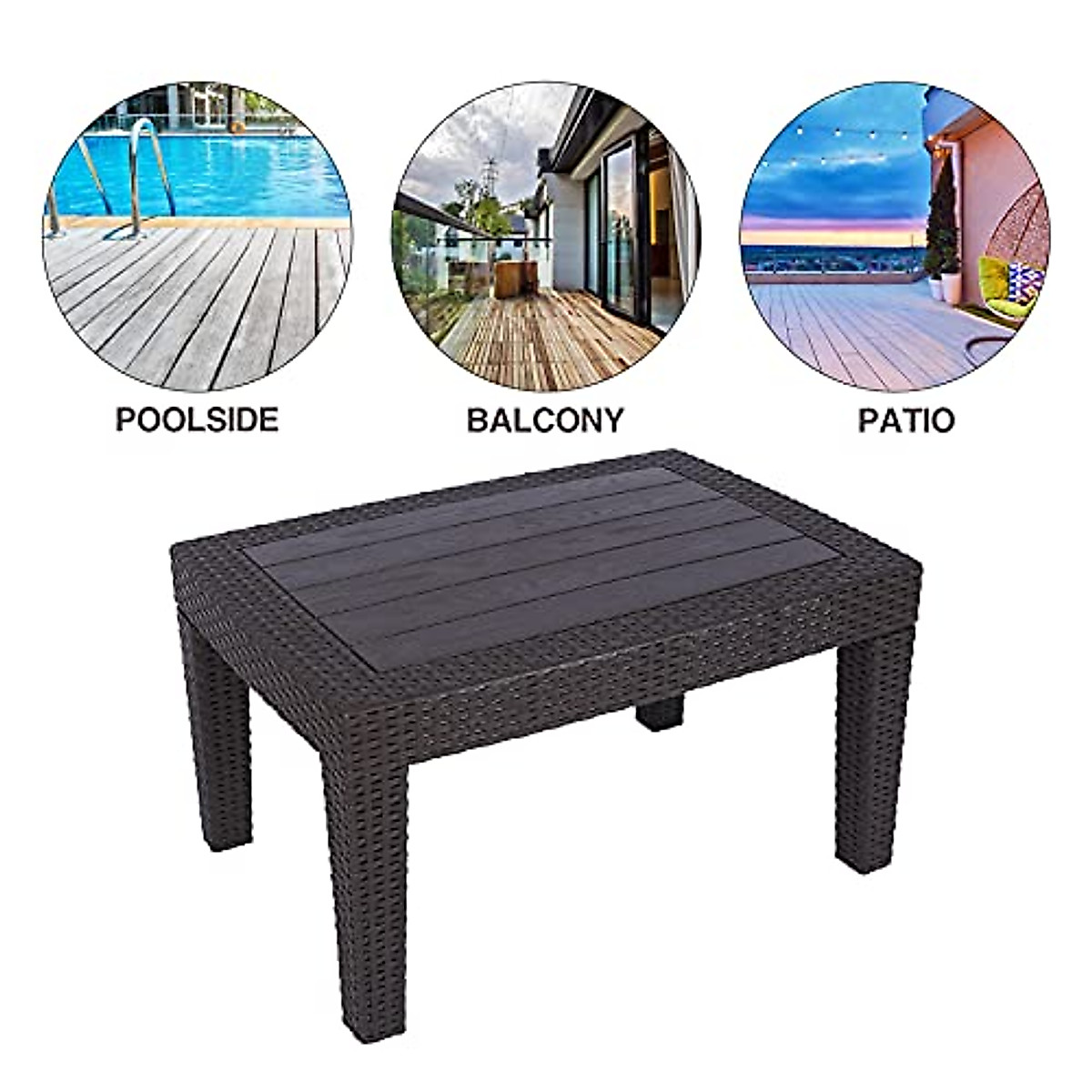 Varbucamp Rattan Outdoor Coffee Tables for Patio, Sturdy Rectangular Faux Wicker Patio Table, Easy to Assemble with Plastic Legs, Brown