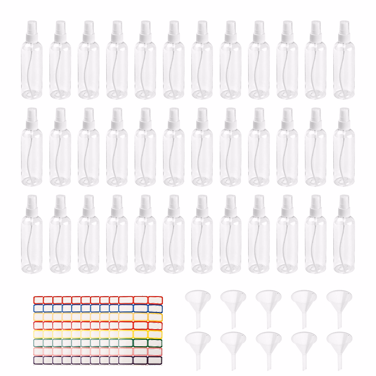 YEUIKERR 36 Pack Plastic Small Spray Bottles 4 oz/120 ml, Fine Mist Clear Empty Plastic Small Travel Spray Bottle, with 10 Funnels and 10 Labels