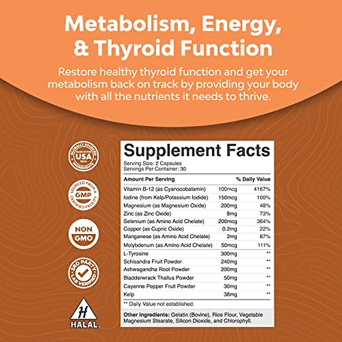 Herbal Thyroid Support Complex - Iodine Thyroid Supplement with L Tyrosine Bladderwrack Kelp Selenium and Ashwagandha - Mood Enhancer Energy Supplement for Thyroid Health - 60 Halal Capsules